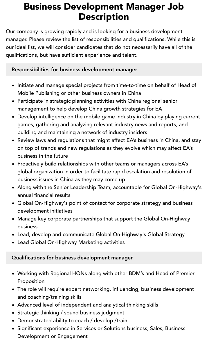 Business Development Manager Job Description Velvet Jobs