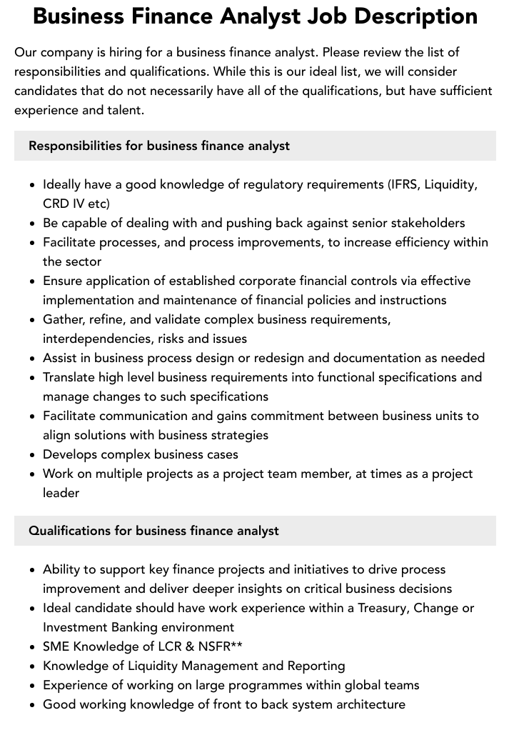 Business Finance Analyst Job Description Velvet Jobs Business Finance Analyst Job Description Velvet Jobs