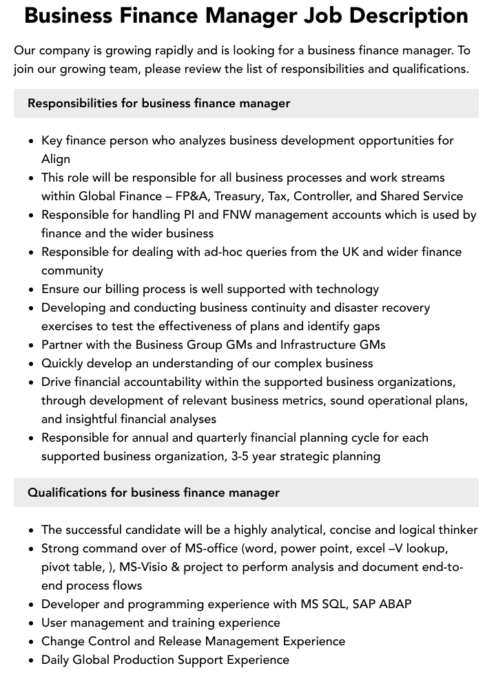 Business Finance Manager Job Description Velvet Jobs Business Finance Manager Job Description Velvet Jobs
