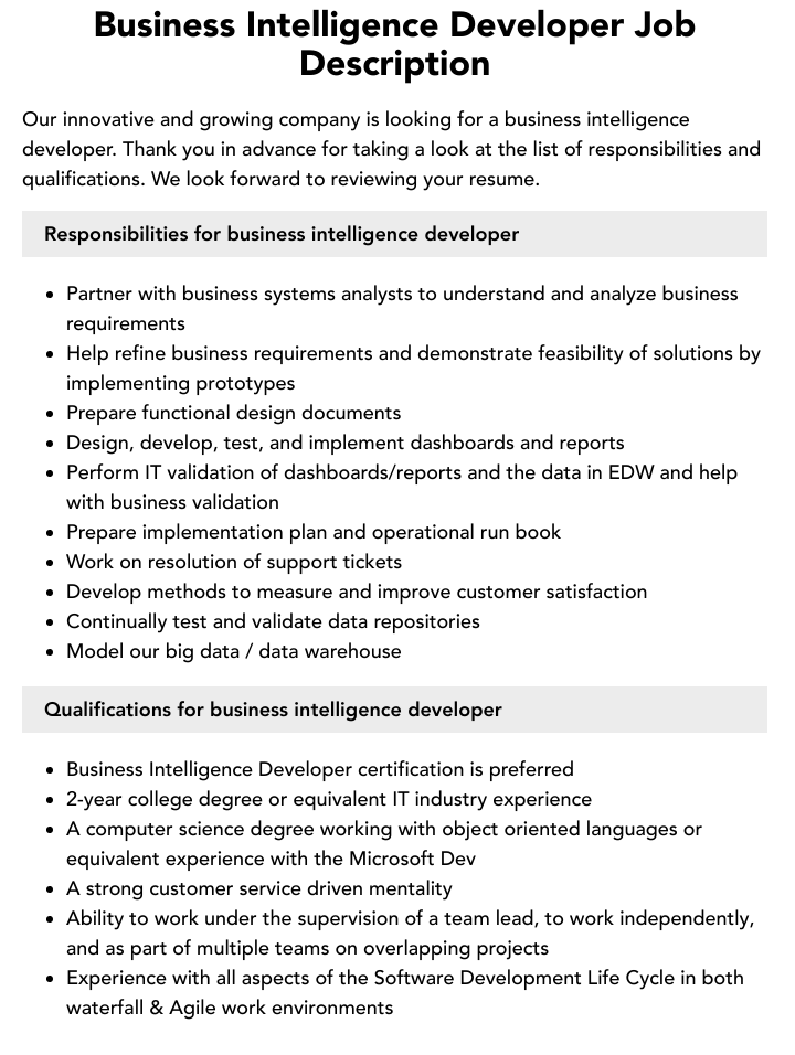 Business Intelligence Developer Job Description Velvet Jobs