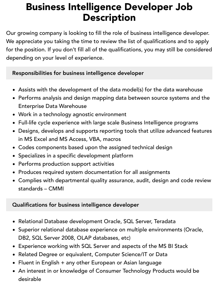 Business Intelligence Developer Job Description Velvet Jobs