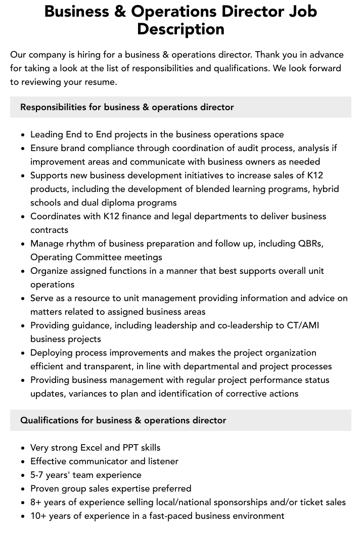Business Operations Director Job Description Velvet Jobs