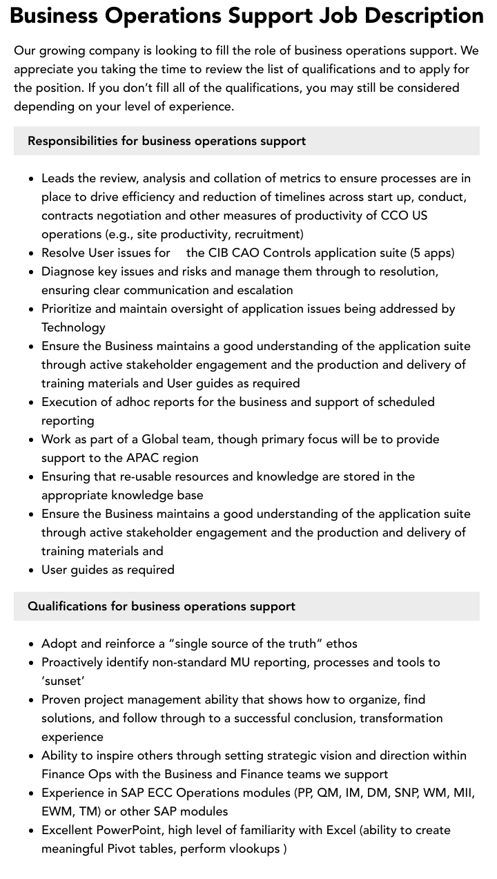 Business Operations Support Job Description Velvet Jobs