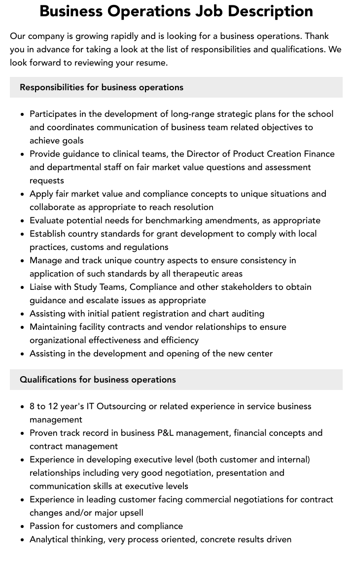 Business Operations Job Description Velvet Jobs
