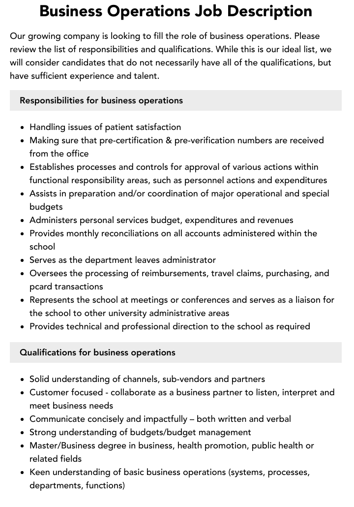 Business Operations Job Description Velvet Jobs