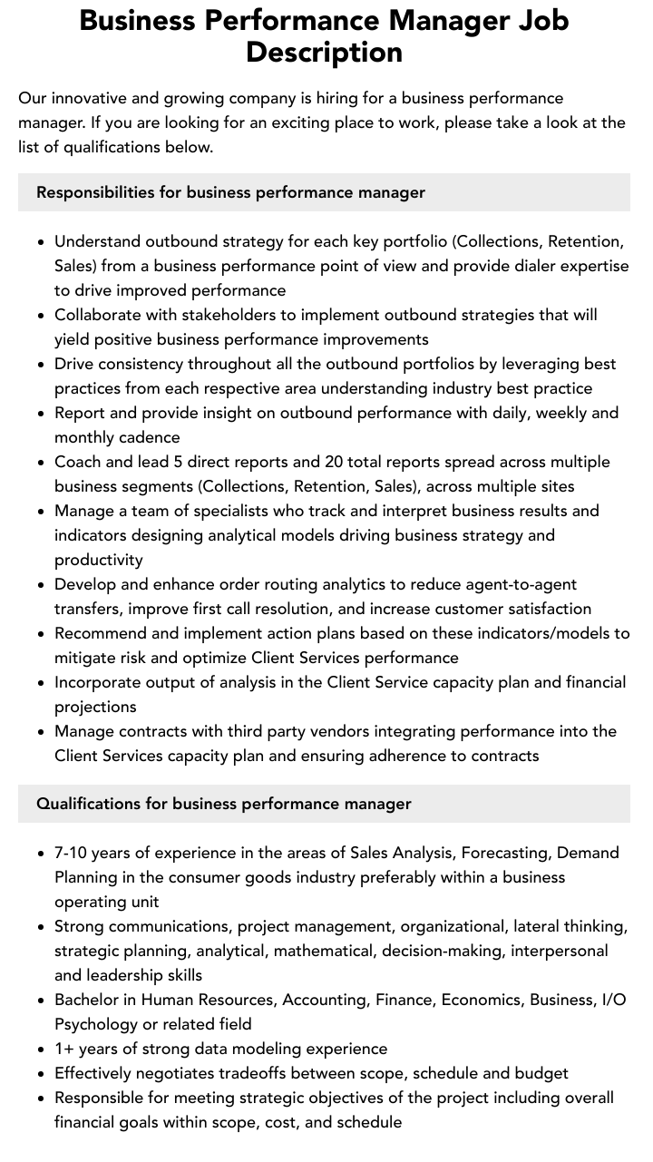 Business Performance Manager Job Description Velvet Jobs