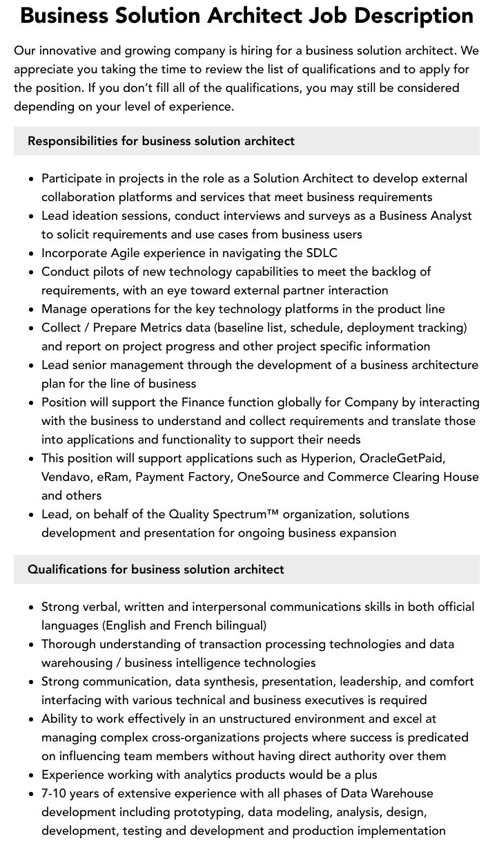 Business Solution Architect Job Description Velvet Jobs