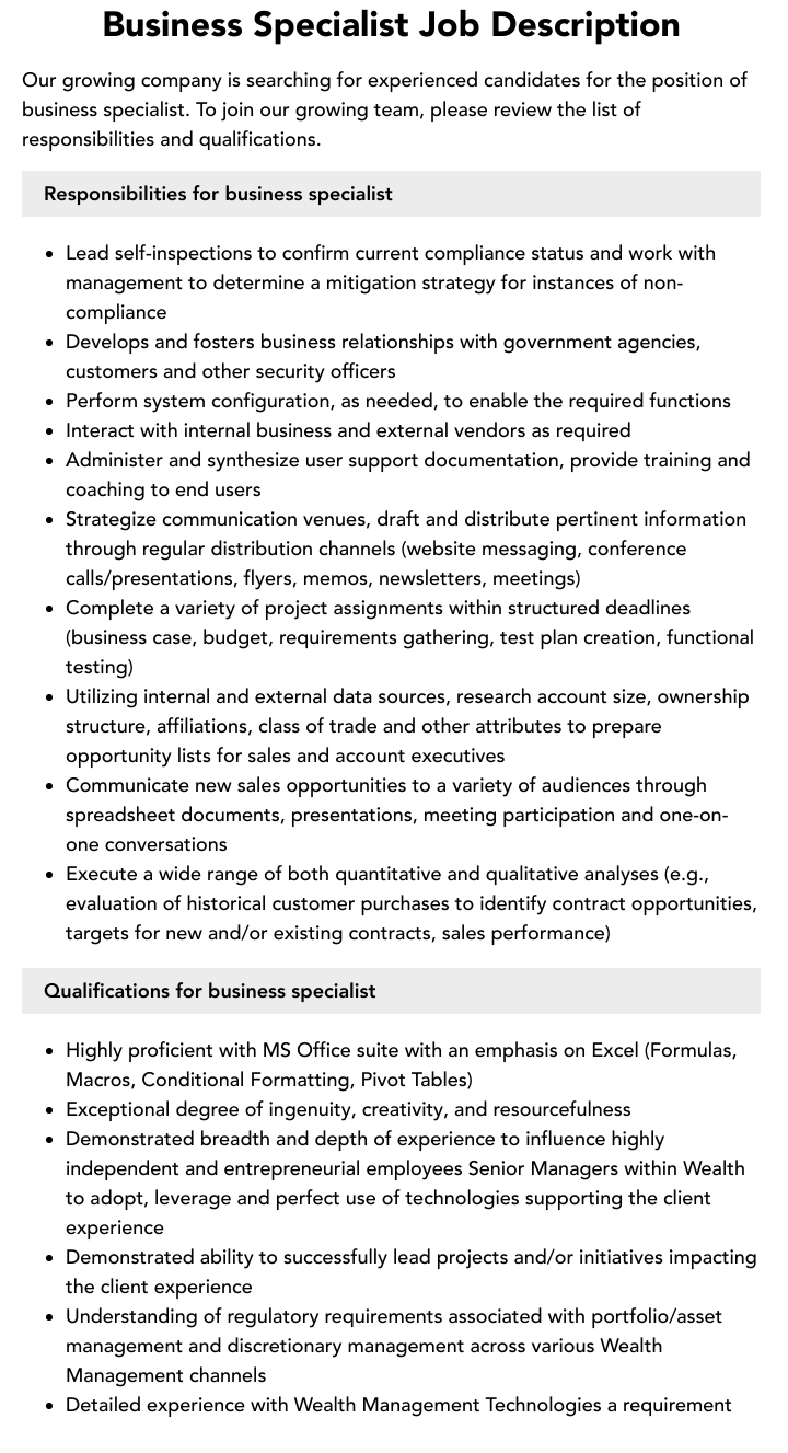 Business Specialist Job Description Velvet Jobs Business Specialist Job Description Velvet Jobs