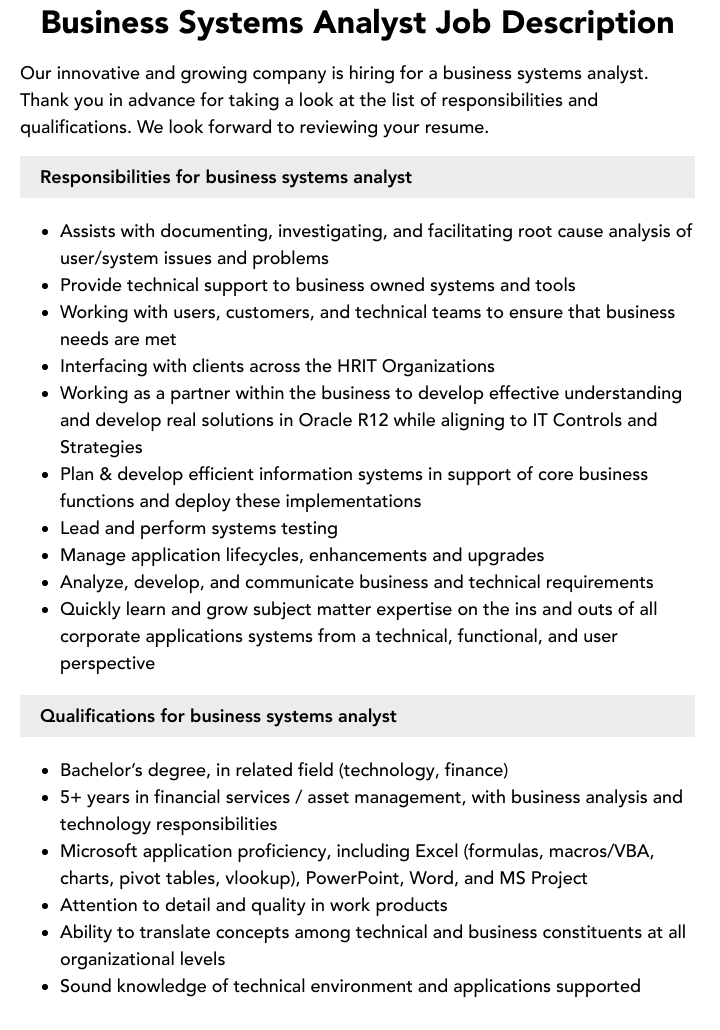 Business Systems Analyst Job Description Velvet Jobs