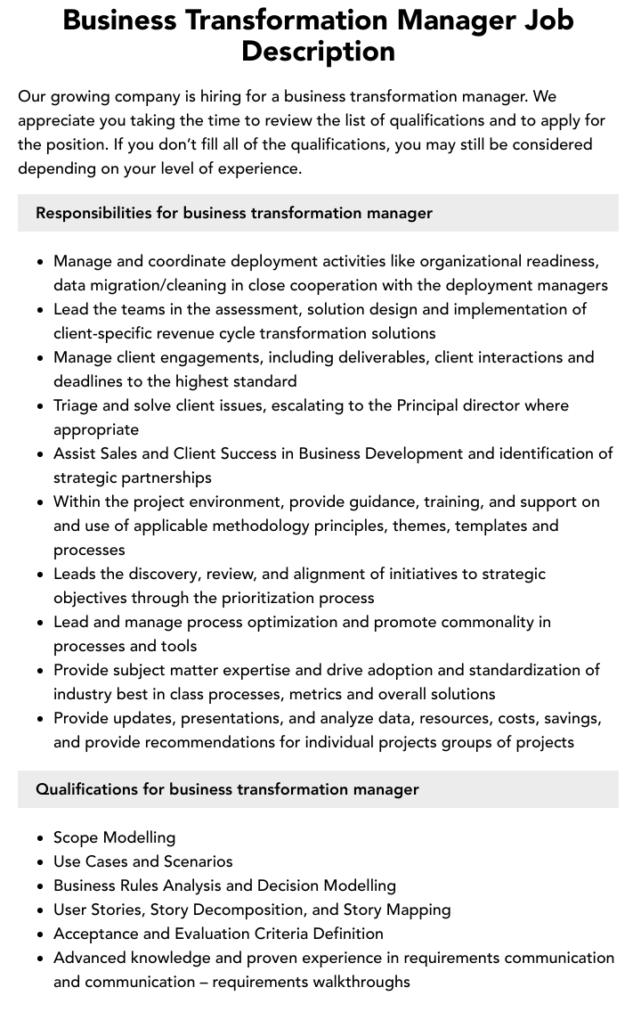 Business Transformation Manager Job Description Velvet Jobs Business Transformation Manager Job Description Velvet Jobs