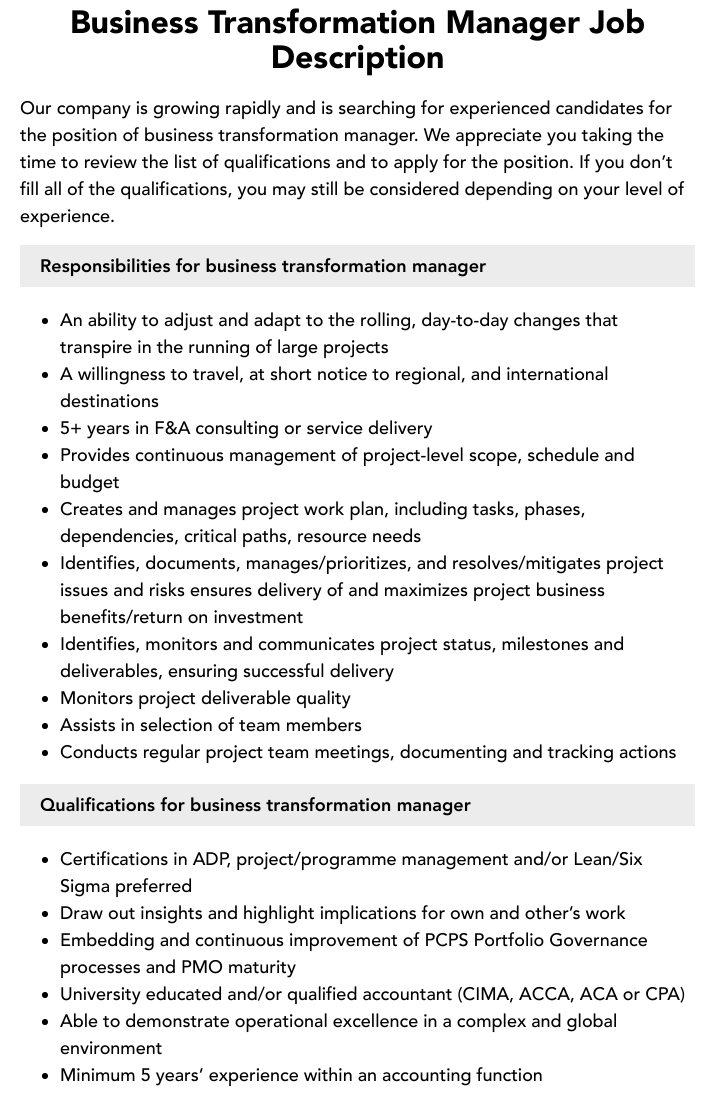 Business Transformation Manager Job Description Velvet Jobs Business Transformation Manager Job Description Velvet Jobs