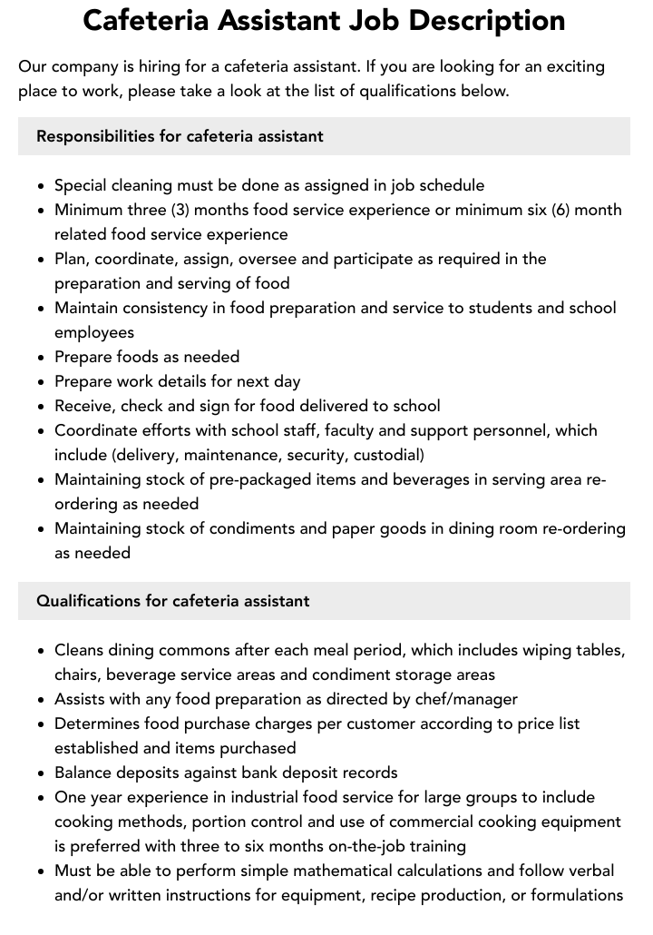 Cafeteria Assistant Job Description Velvet Jobs