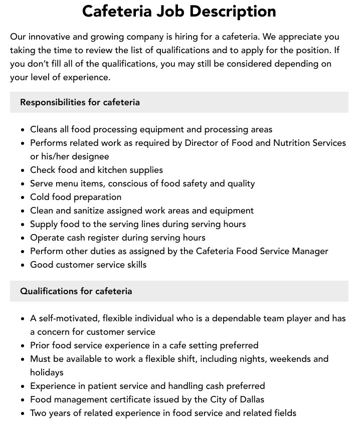 Cafeteria Job Description Velvet Jobs