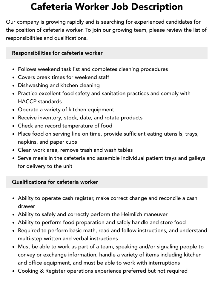 Cafeteria Worker Job Description Velvet Jobs