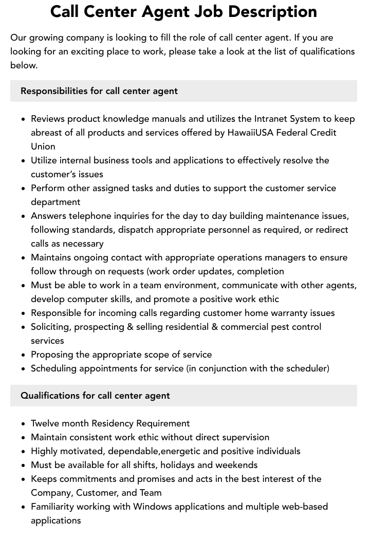 Call Center Agent Job Description Velvet Jobs