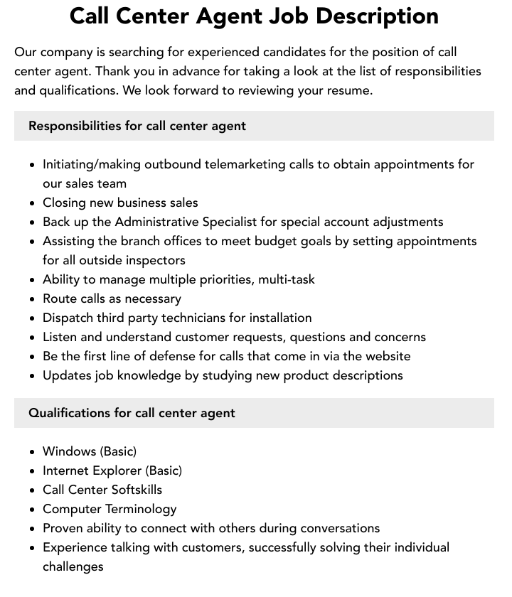 Call Center Agent Job Description Velvet Jobs