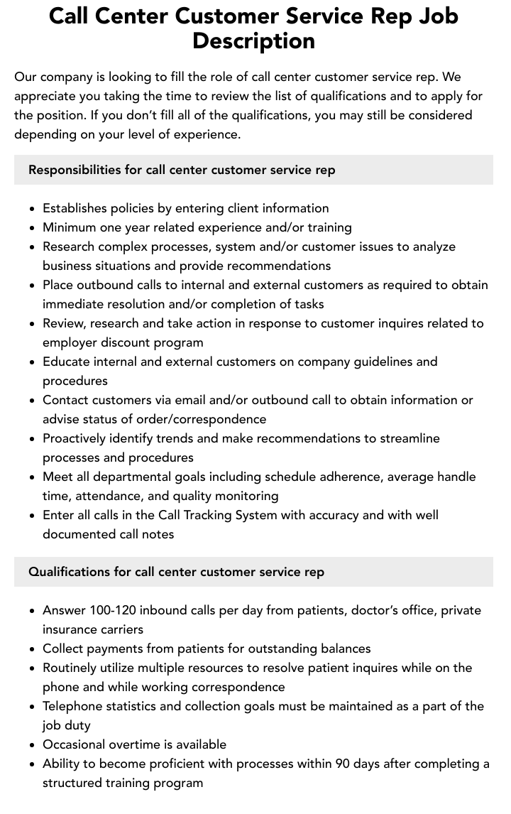 Call Center Customer Service Rep Job Description Velvet Jobs