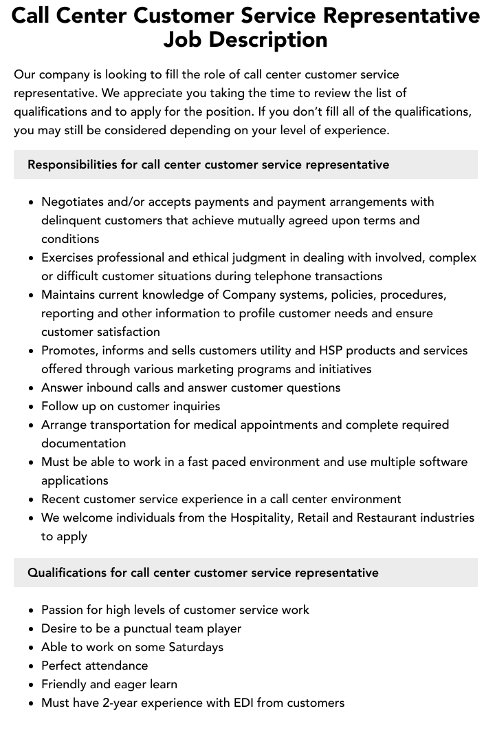 Call Center Customer Service Representative Job Description Velvet Jobs
