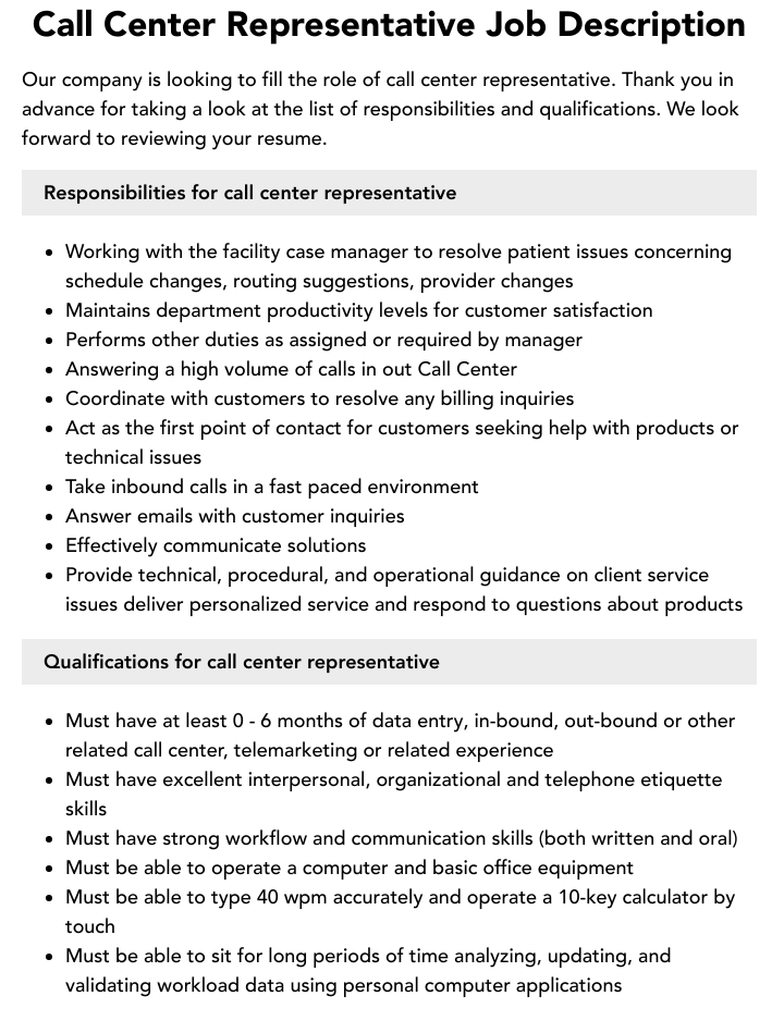 Call Center Representative Job Description Velvet Jobs