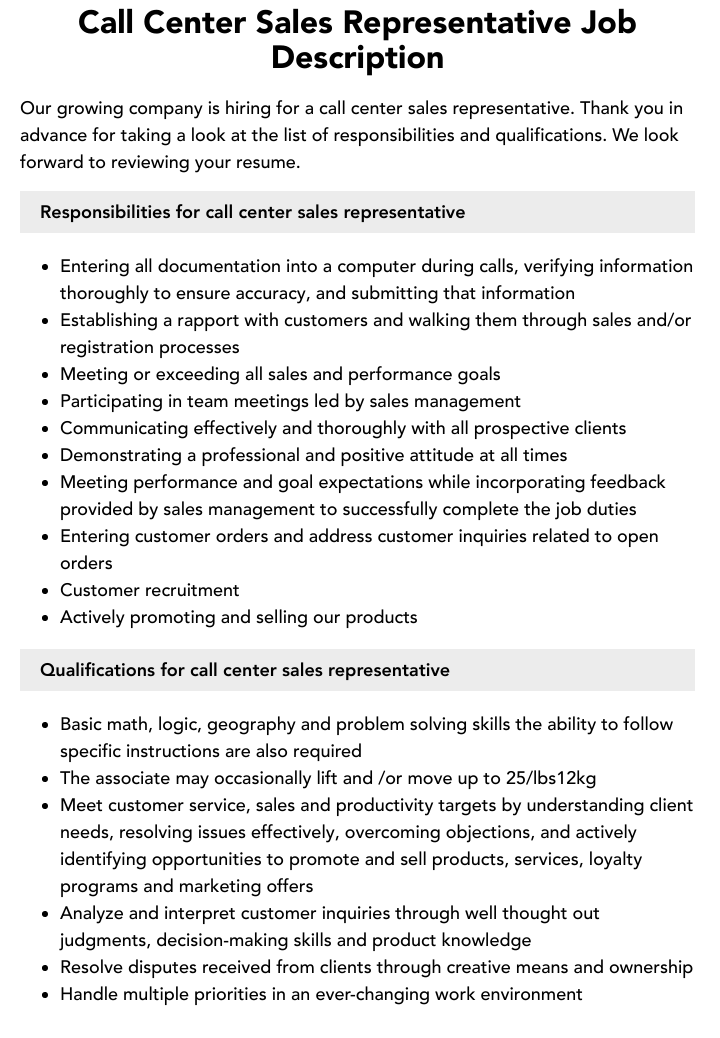 Call Center Sales Representative Job Description Velvet Jobs
