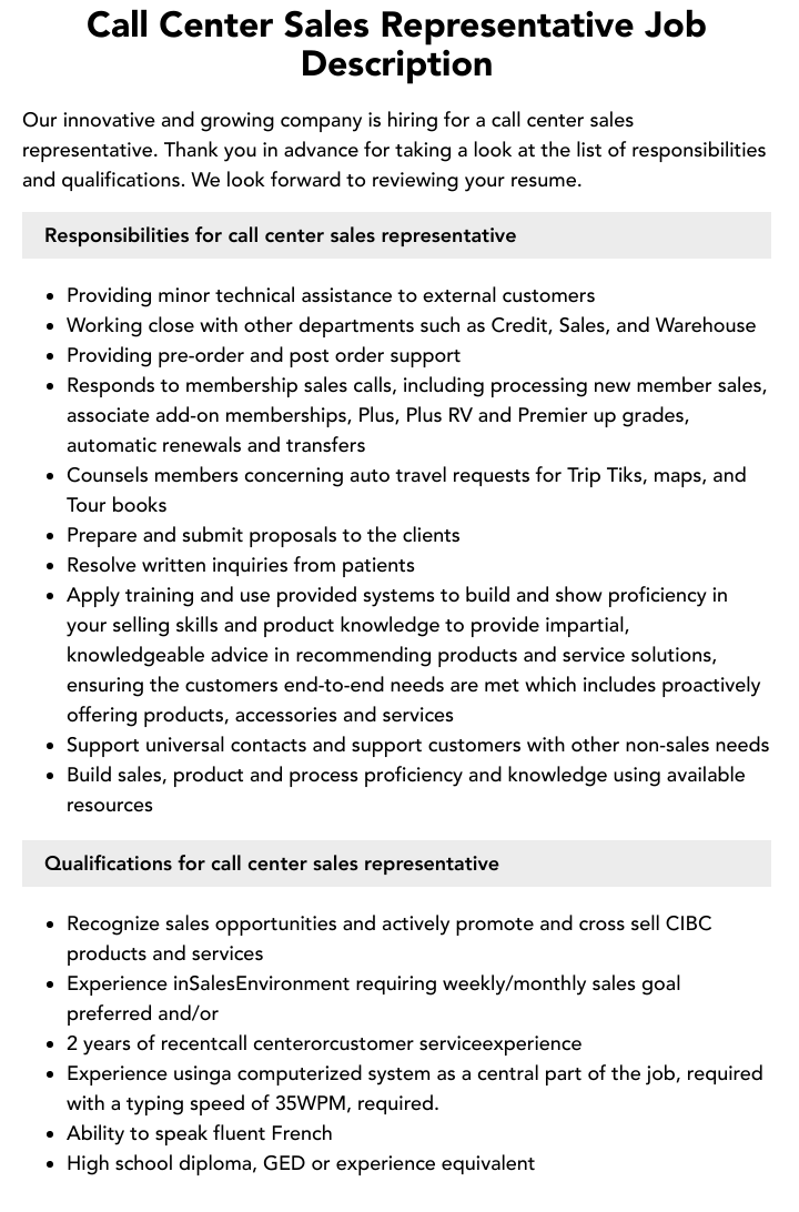 Call Center Sales Representative Job Description Velvet Jobs