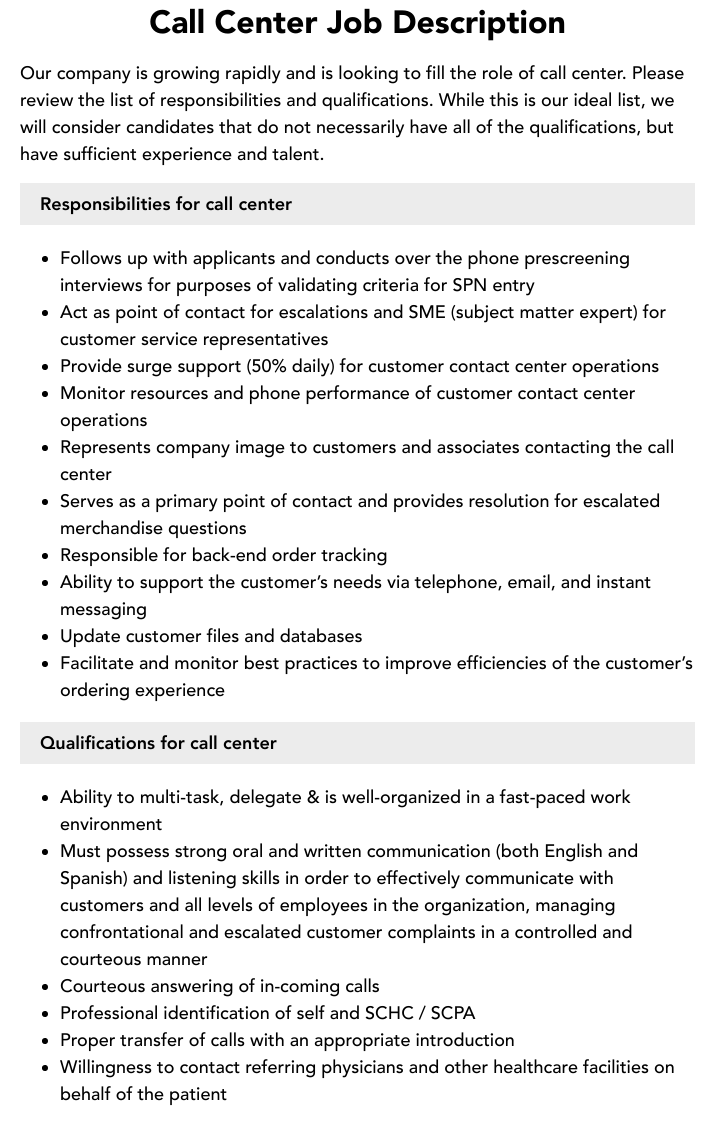 Call Center Job Description Velvet Jobs