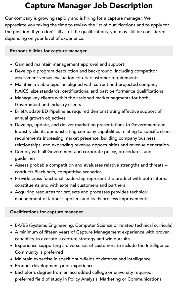 Capture Manager Job Description Velvet Jobs