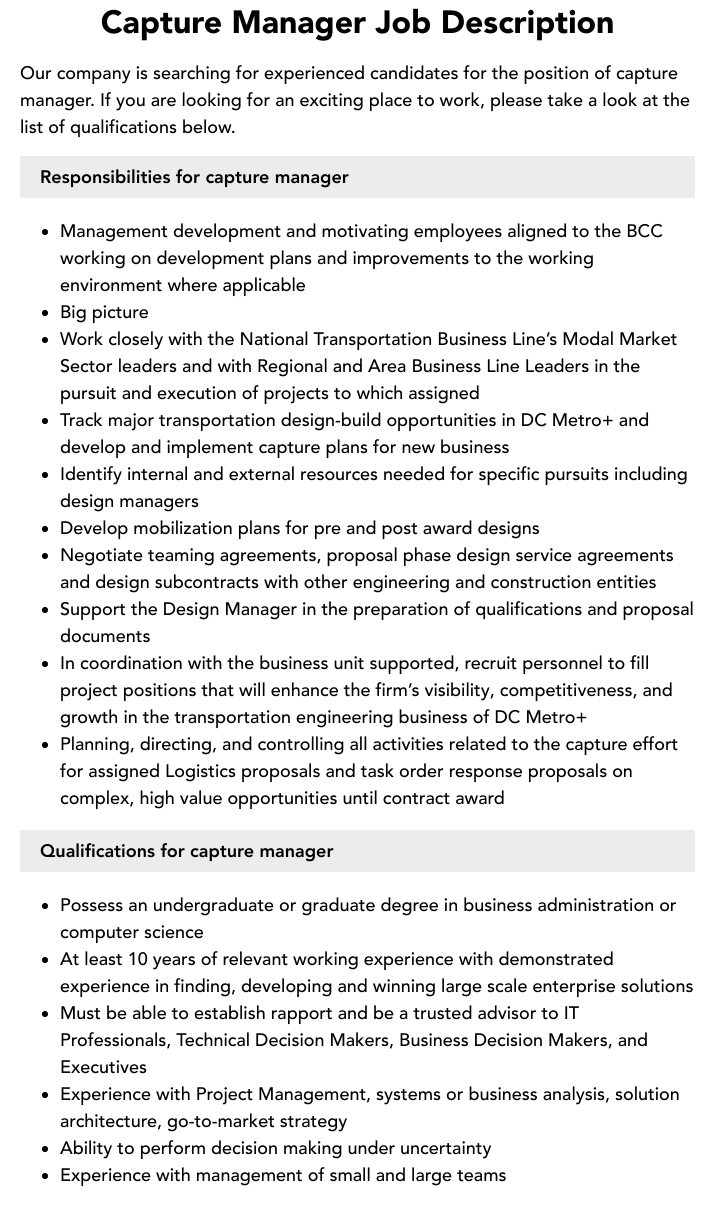 Capture Manager Job Description Velvet Jobs