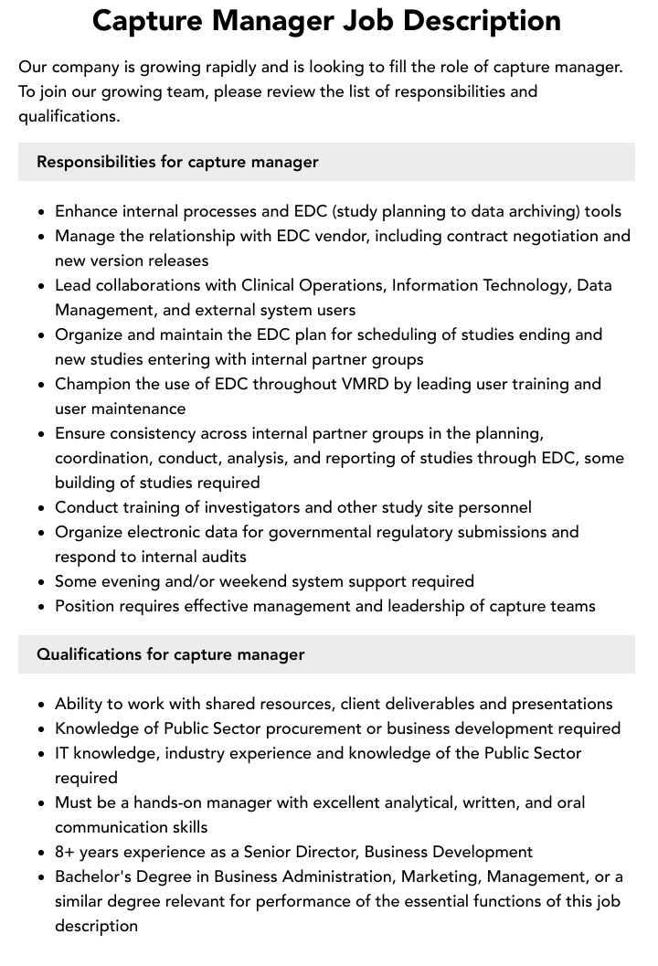 Capture Manager Job Description Velvet Jobs