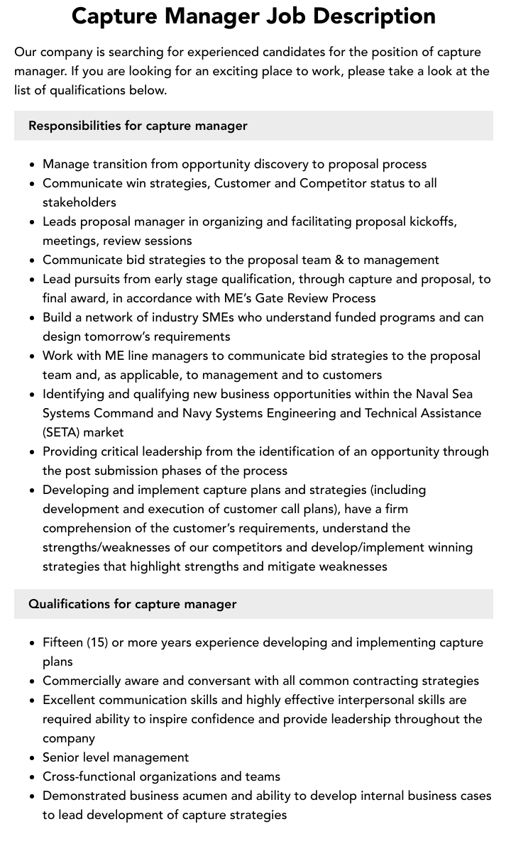 Capture Manager Job Description Velvet Jobs