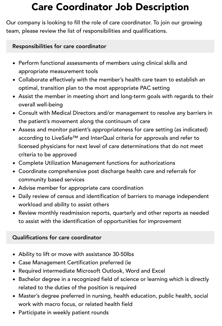 Care Coordinator Job Description Velvet Jobs