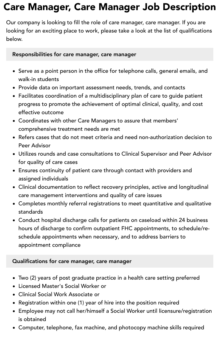 Care Manager Care Manager Job Description Velvet Jobs