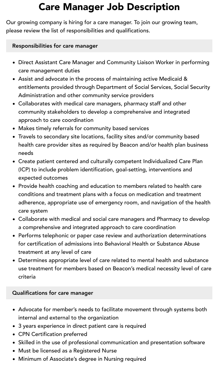 Care Manager Job Description Velvet Jobs