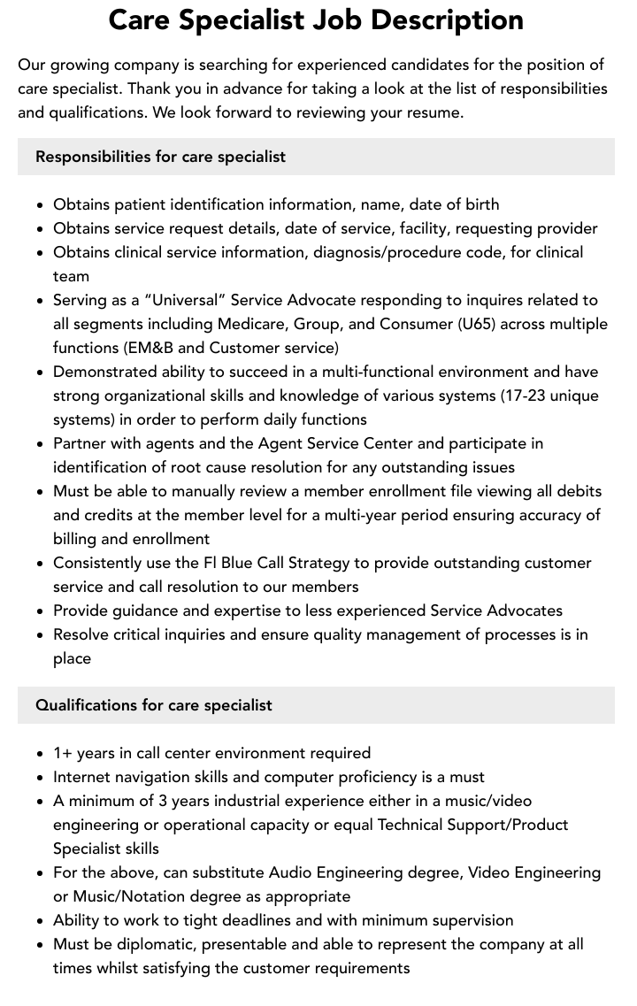 Care Specialist Job Description Velvet Jobs