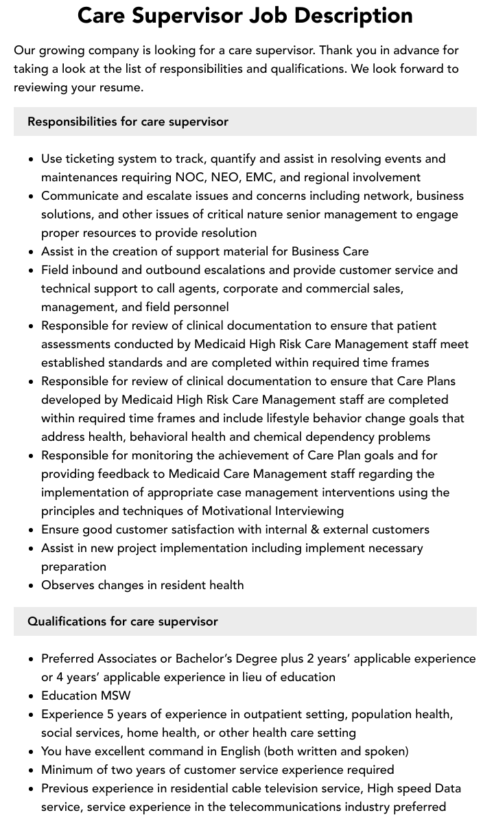 Care Supervisor Job Description Velvet Jobs