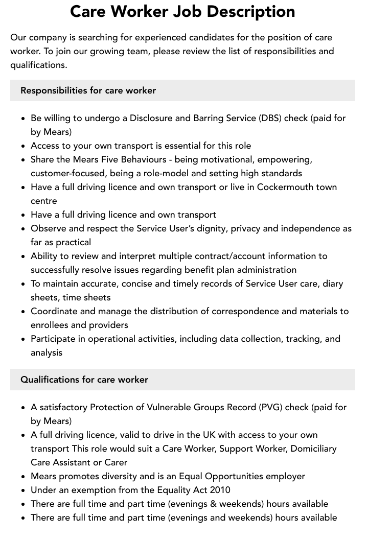 Care Worker Job Description Velvet Jobs