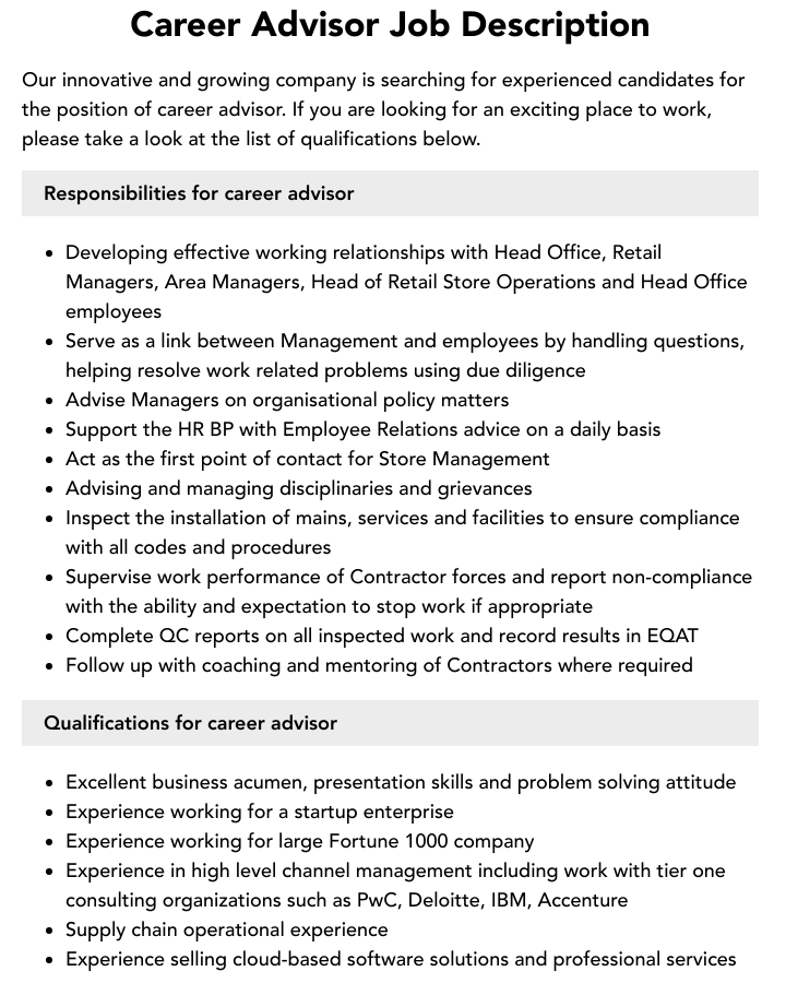 Career Advisor Job Description Velvet Jobs