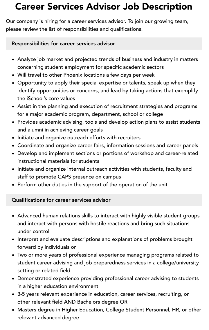 Career Services Advisor Job Description Velvet Jobs