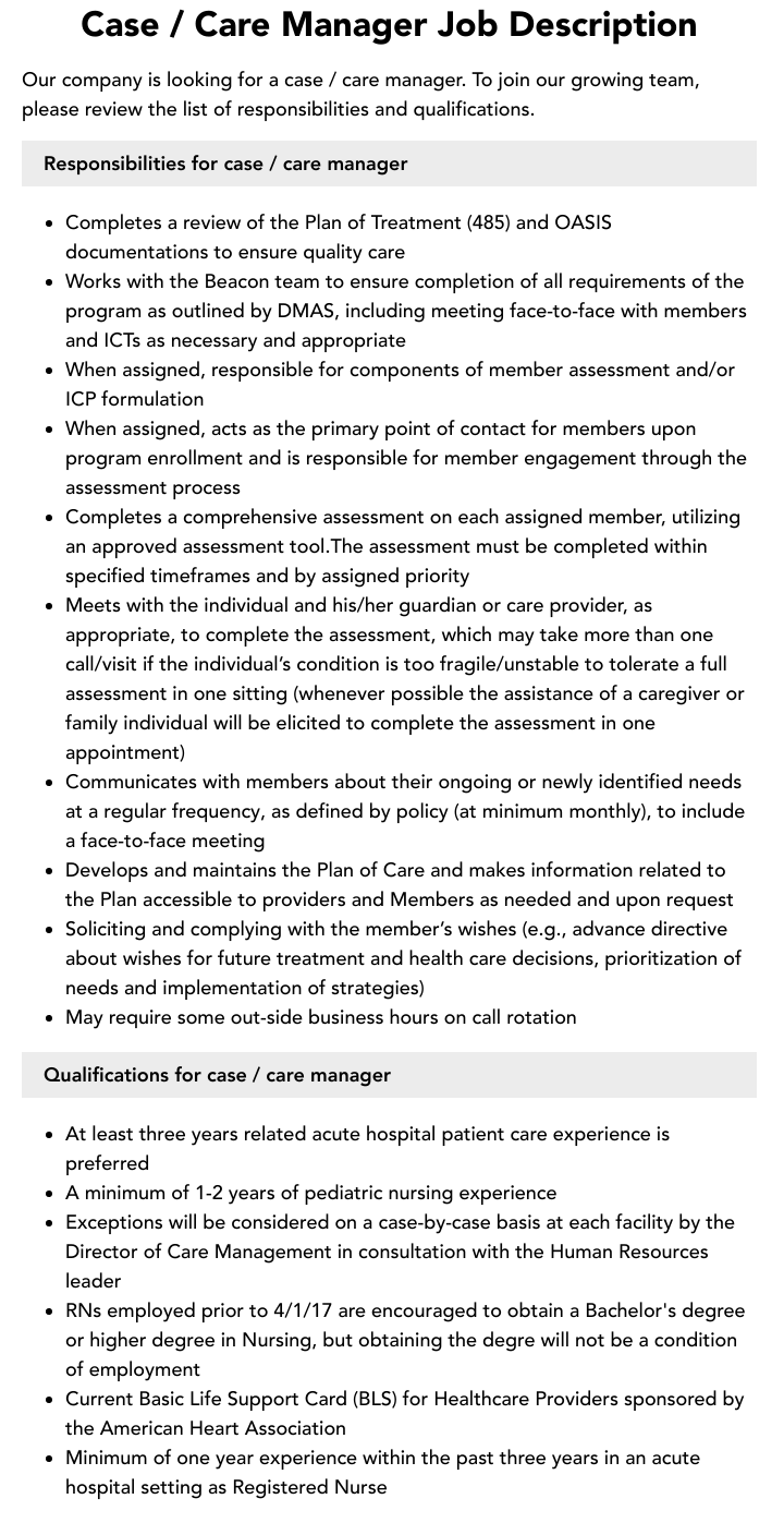 Case Care Manager Job Description Velvet Jobs