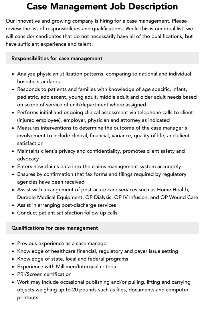 Case Management Job Description Velvet Jobs