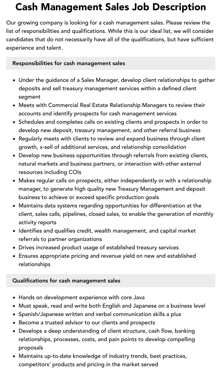 Cash Management Sales Job Description Velvet Jobs Cash Management Sales Job Description Velvet Jobs
