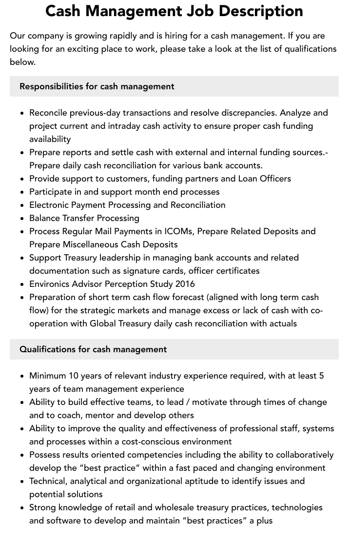 Cash Management Job Description Velvet Jobs