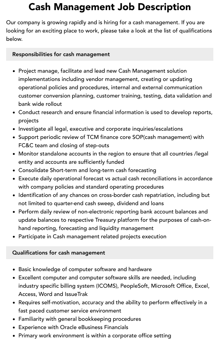 Cash Management Job Description Velvet Jobs