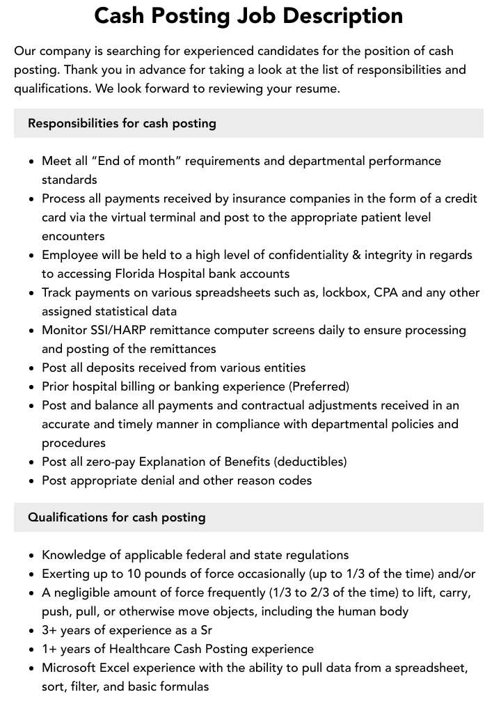 Cash Posting Job Description Velvet Jobs Cash Posting Job Description Velvet Jobs