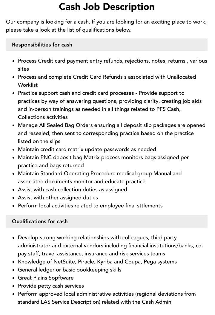 Cash Job Description Velvet Jobs