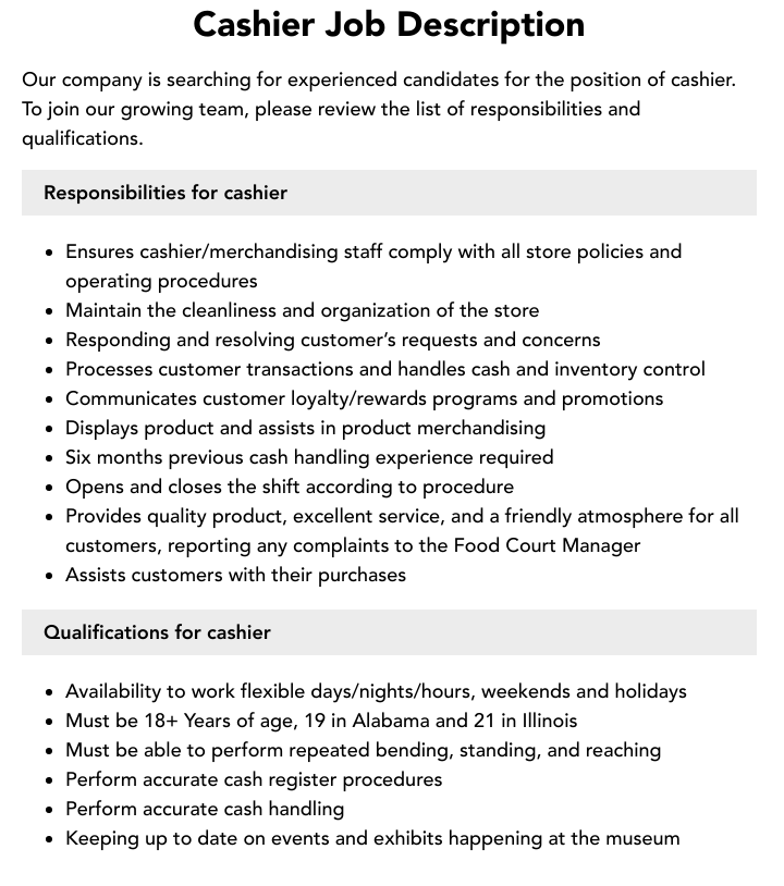 Cashier Job Description Velvet Jobs
