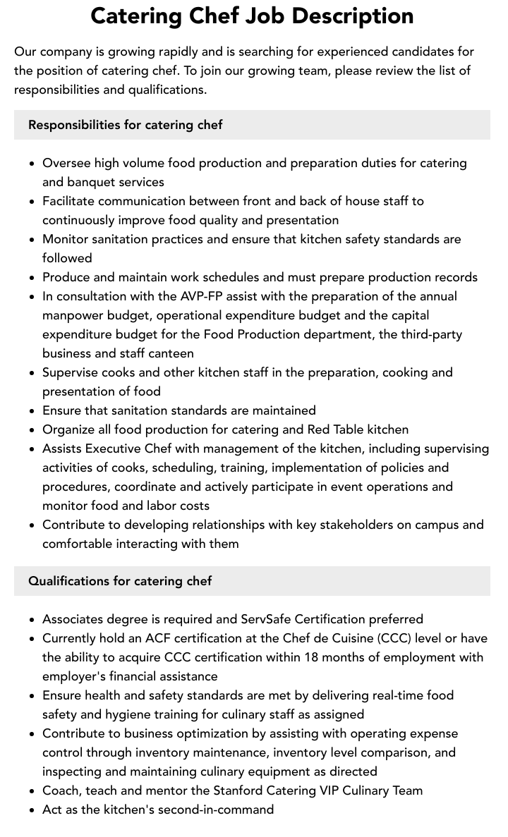Catering Chef Job Description Velvet Jobs Catering Chef Job Description Velvet Jobs
