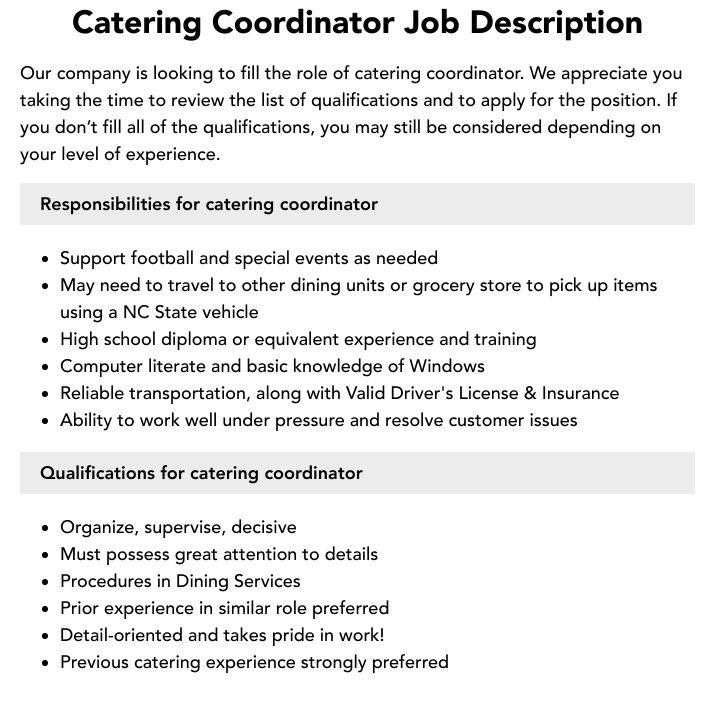 Catering Coordinator Job Description Velvet Jobs
