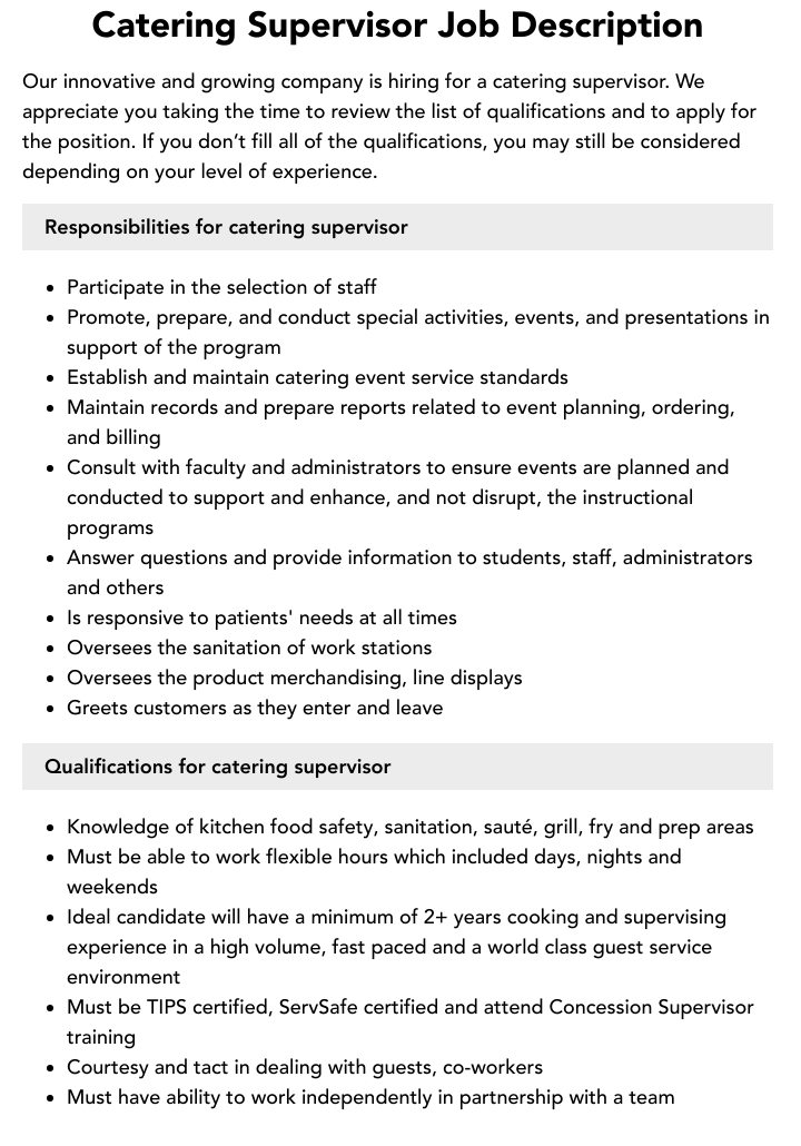 Catering Supervisor Job Description Velvet Jobs