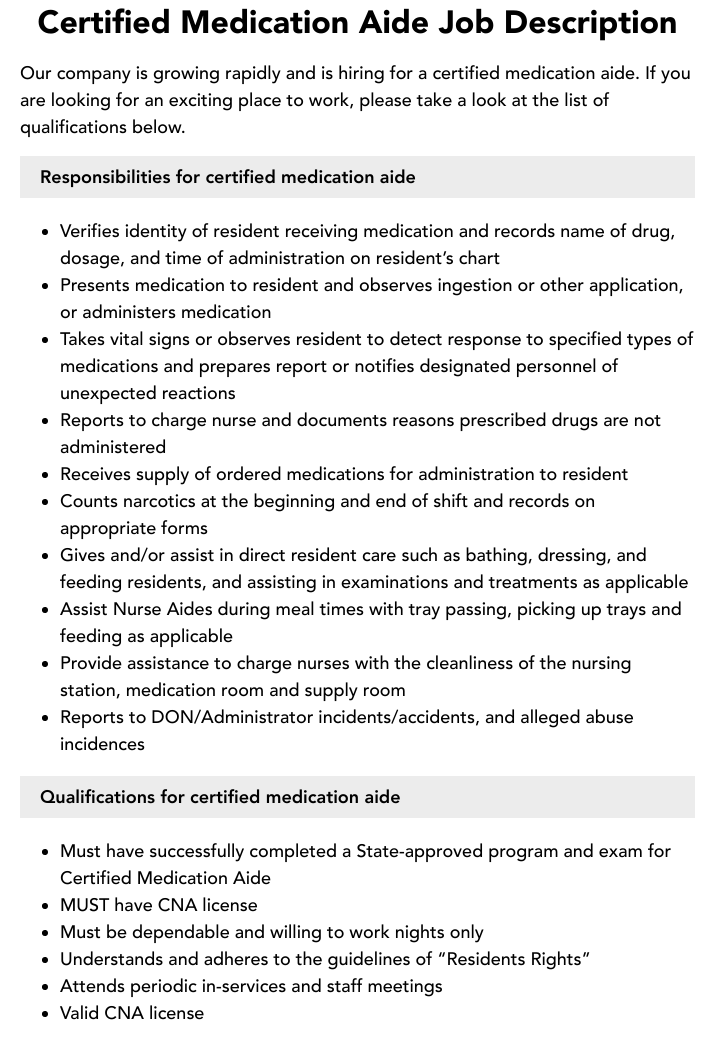 Certified Medication Aide Job Description Velvet Jobs
